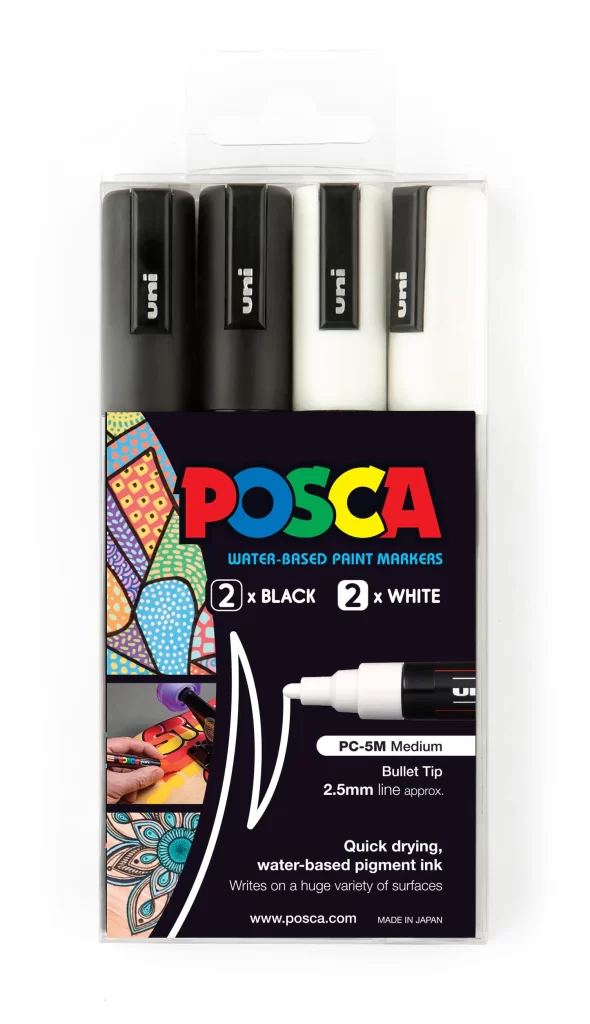 POSCA MARKERS MEDIUM PC5M 1.8-2.5MM BULLET TIP BLACK AND WHITE 4 PACK ...