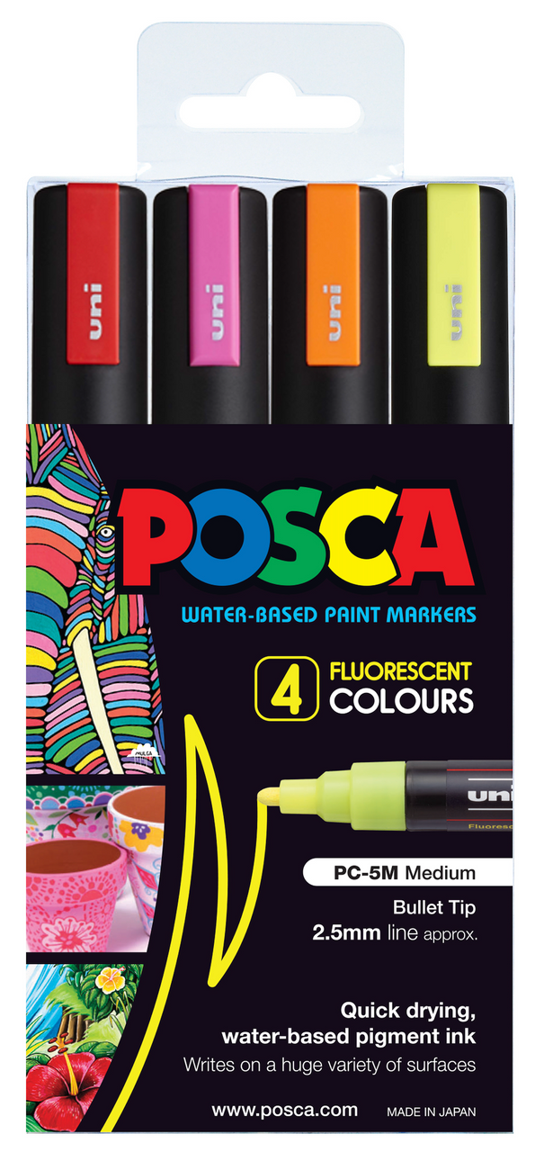 POSCA MARKERS MEDIUM PC5M 1.8-2.5MM BULLET TIP FLUORO COLOURS 4 PACK ...