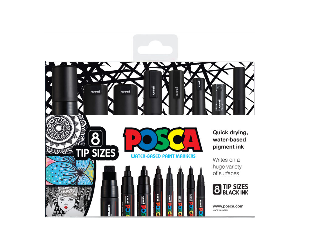 POSCA MARKERS MIXED SIZES BLACK 8 PACK ASSORTED SET - Picasso Art & Craft